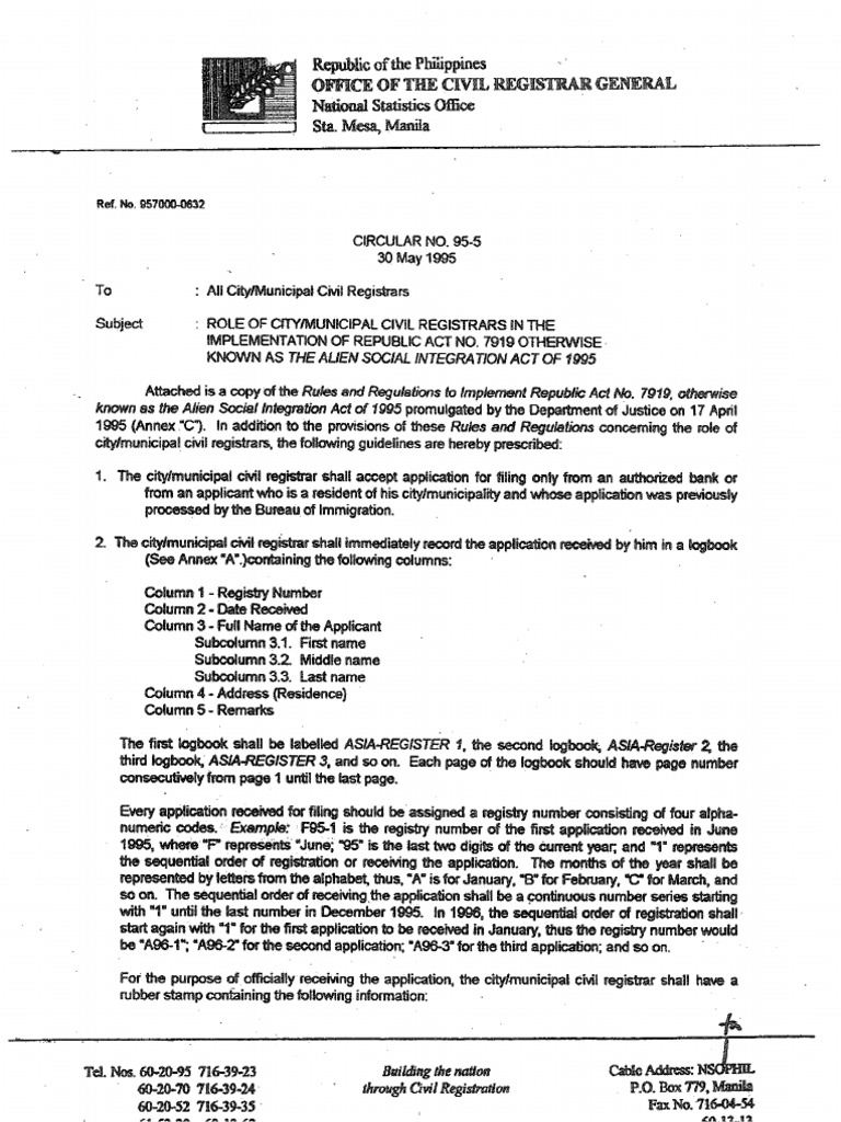 Office of The Civil Registrar Circular No. 95-5 (IRR of RA 7919) | PDF