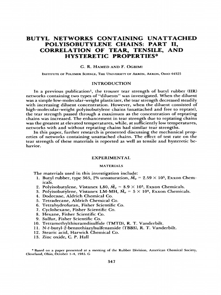 Butyl Networks Containing Unattached Polyisobutylene Chains Part II ...