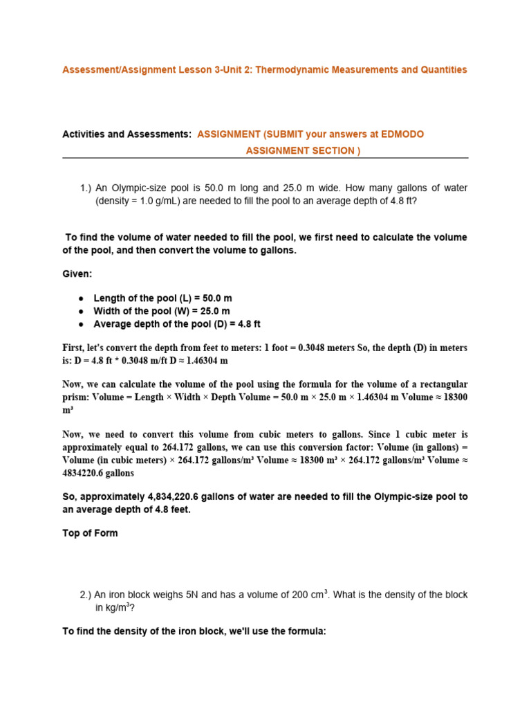 Assessment Lesson 3 Unit 2 Thermodynamic Measurements and Quantities ...