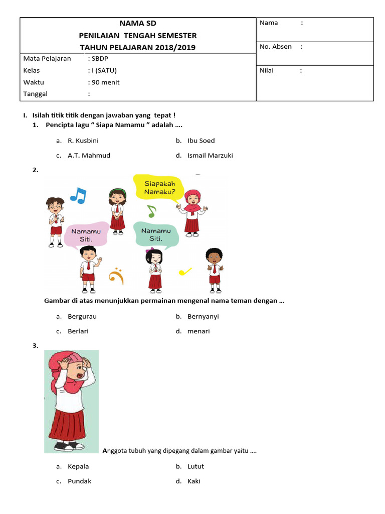 Soal PTS SBDP Kelas 1 Sem 1 Tematik Ok | PDF