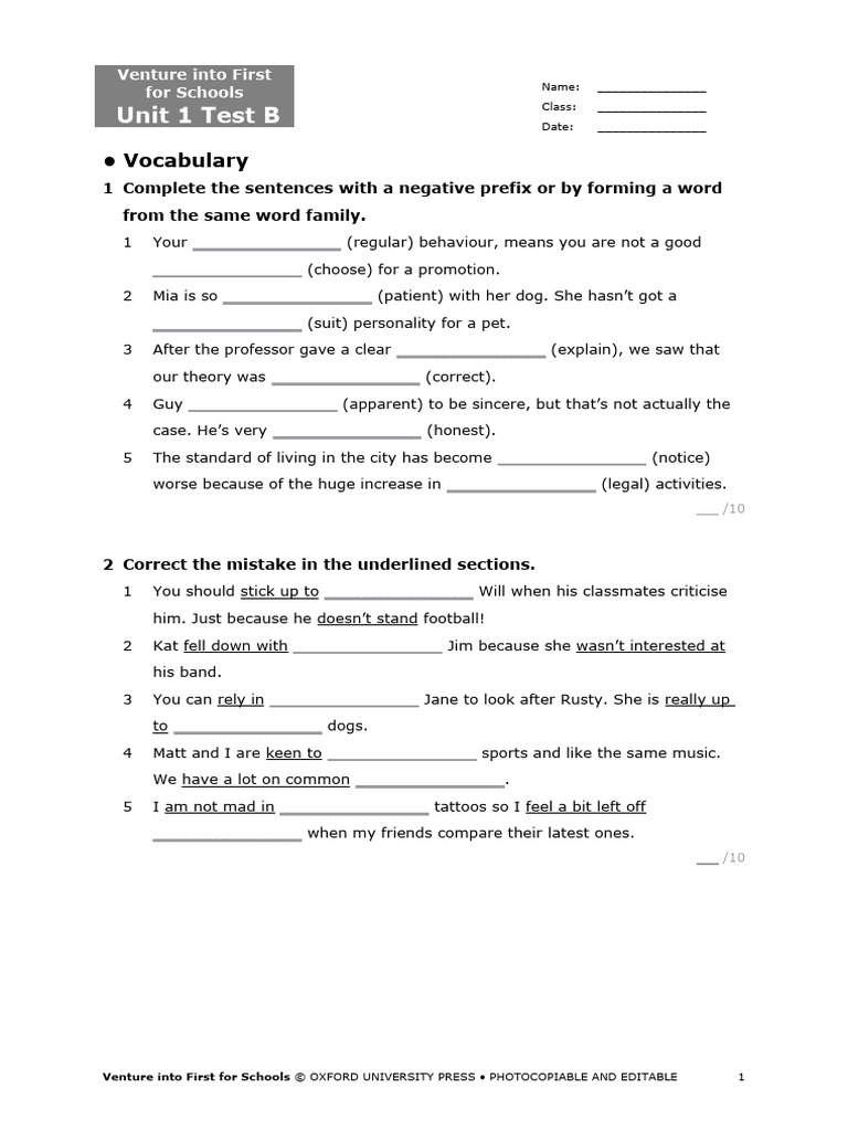 Venture First Schools Unit Test 1b | PDF | Linguistics | Grammar