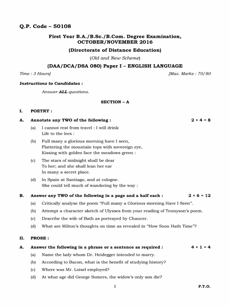 BA-BSc-BCom I Year - English Language Paper - 2016 | PDF