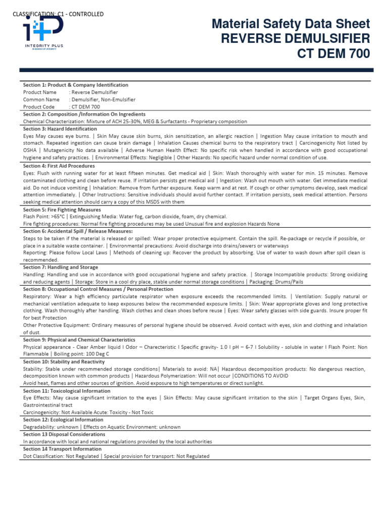 Reverse Demulsifier MSDS Overview | PDF | Personal Protective Equipment ...