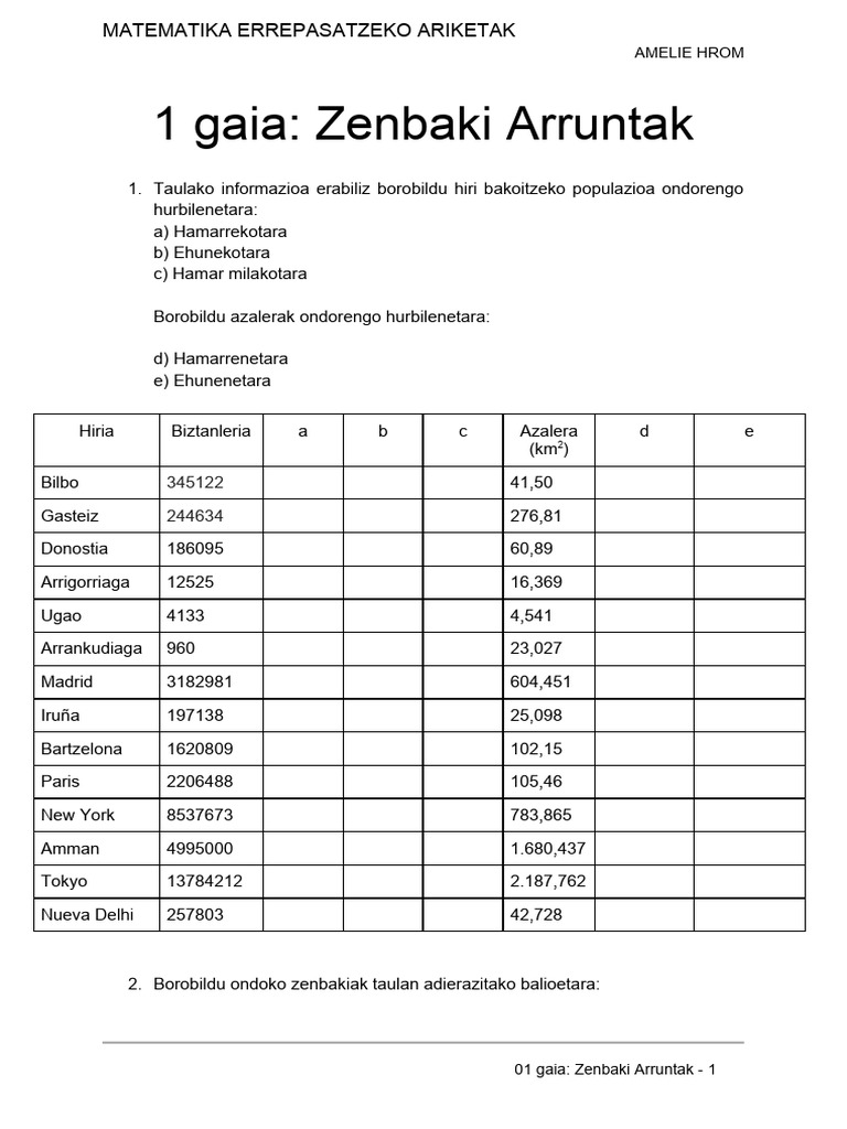DBH 1 Eu 01 ZENBAKI ARRUNTAK Ariketak | PDF