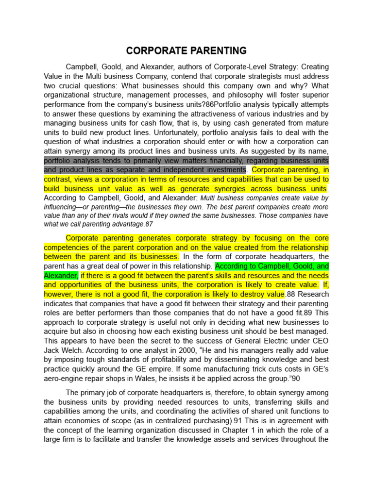 Corporate Parenting | PDF | Strategic Management | Procter & Gamble