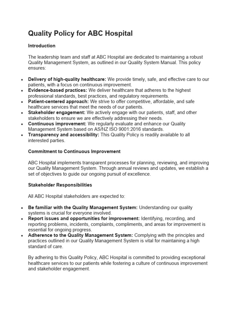 ABC Hospital Quality Policy Overview | PDF
