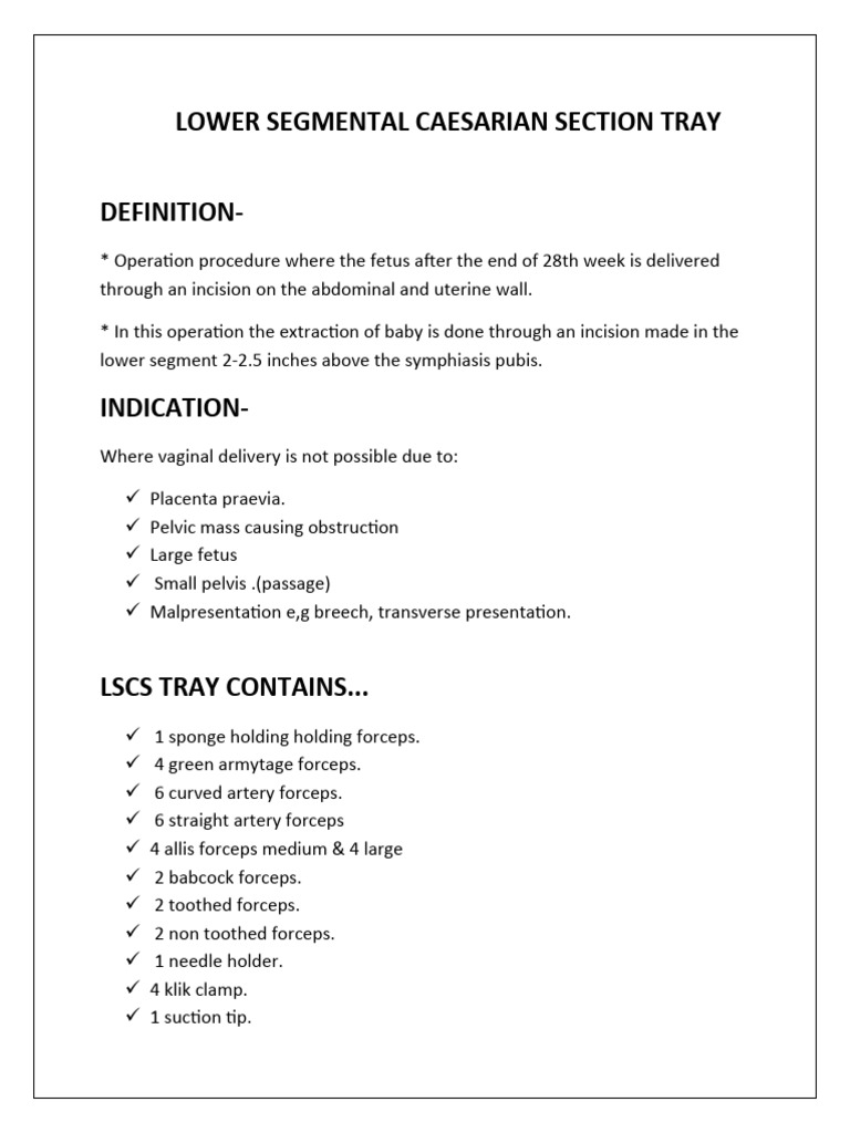 Lower Segmental Caesarean Section Tray | PDF | Childbirth | Uterus