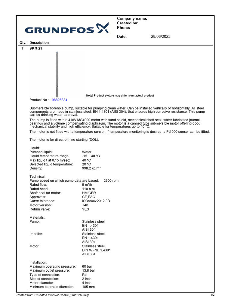 Spesifikasi Pompa Air Grunfos SP 9-21 | PDF | Pump | Electric Motor