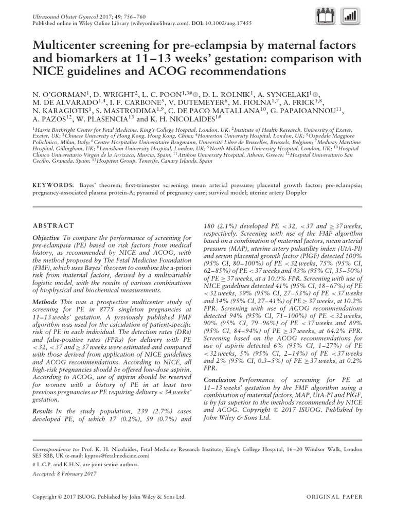 Multicenter Screening For Pre-Eclampsia by Maternal | PDF | Pregnancy ...