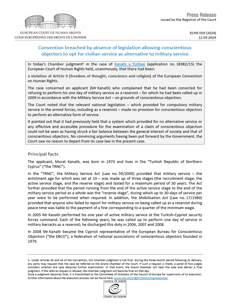 Judgment Kanatli v. Türkiye - Impossibility For A Conscientious Objector To Opt For Alternative ...