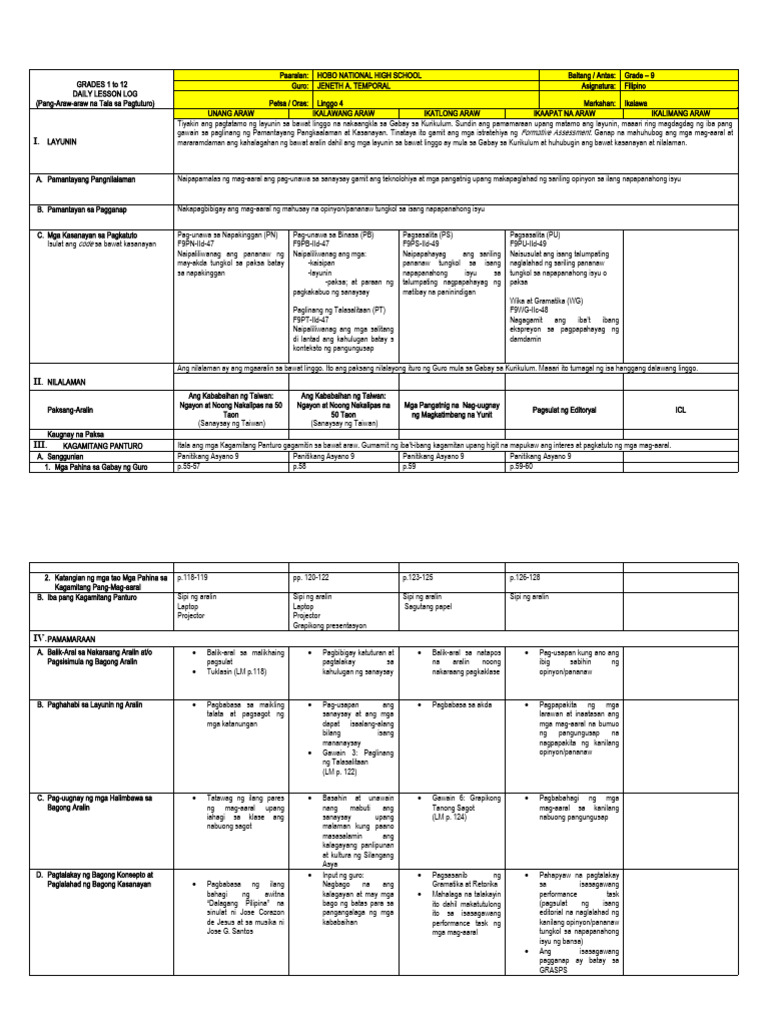 DLL - FILIPINO 9 2ngd Grading (Topic 3) | PDF