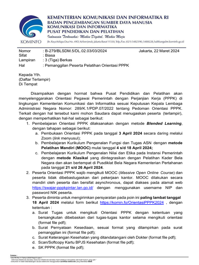 Updated - TTE - Surat Pemanggilan Peserta Orientasi PPPK Kominfo | PDF | Sains & Matematika ...