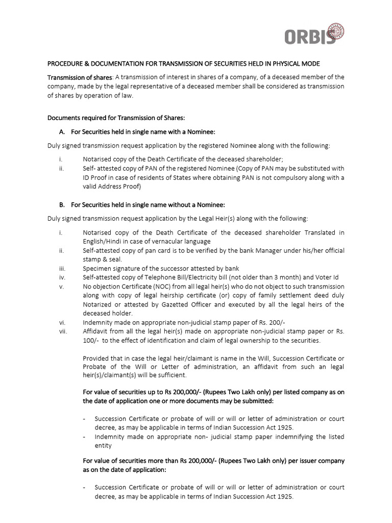 Procedure For Transmission of Shares | PDF | Securities (Finance ...