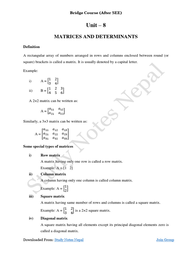 Unit 8 Matrices and Determinants | PDF | Matrix (Mathematics) | Determinant