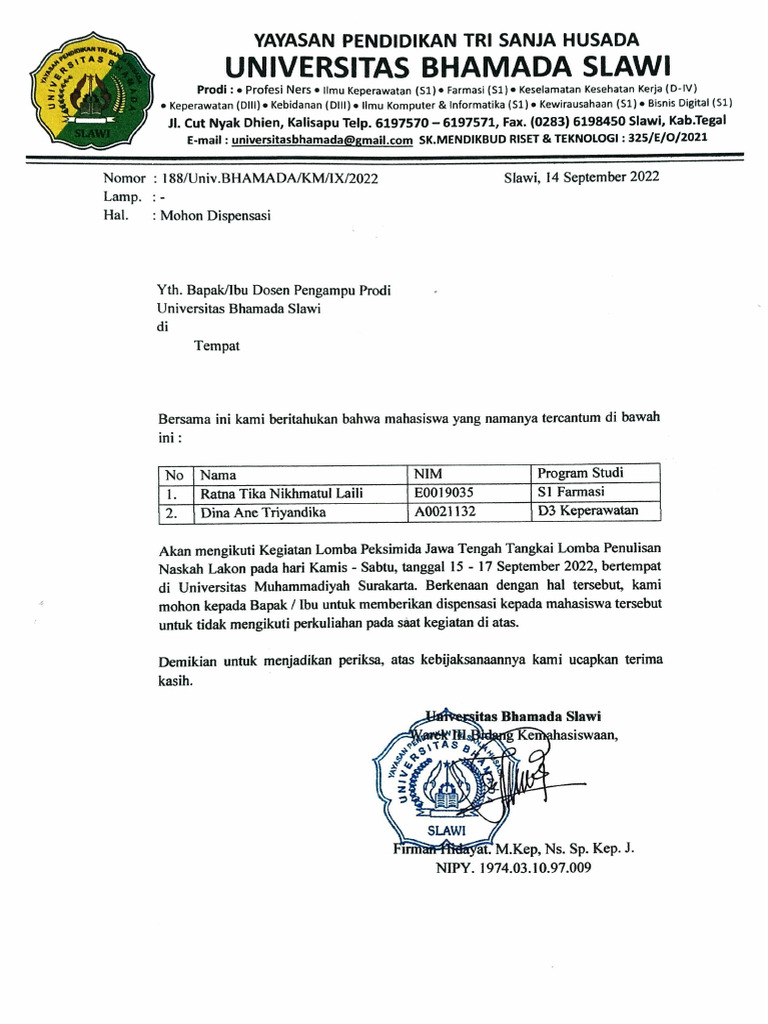 Contoh Surat Dispensasi | PDF