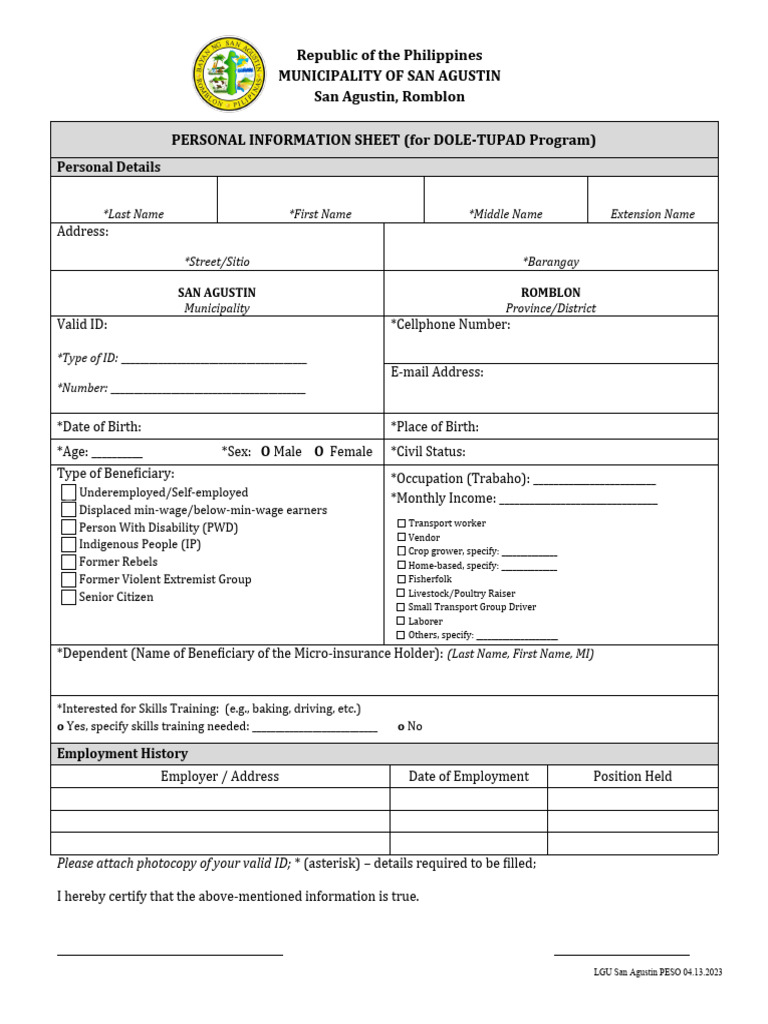DOLE-TUPAD Application Form 2025 | PDF