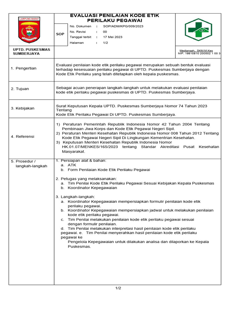 ADM - KPG - 009 - SOP Penilaian Kode Etik Perilaku Pegawai | PDF