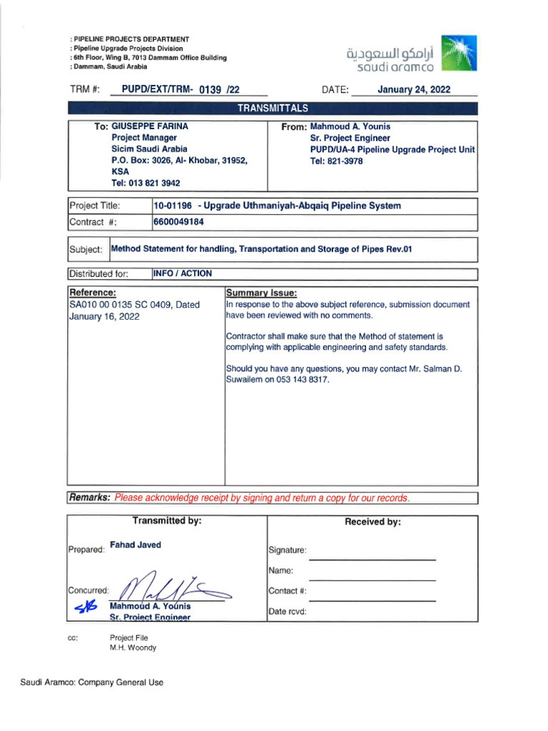 91 SA010 00 5508 SC 0005 01 Method Statement For Handling ...