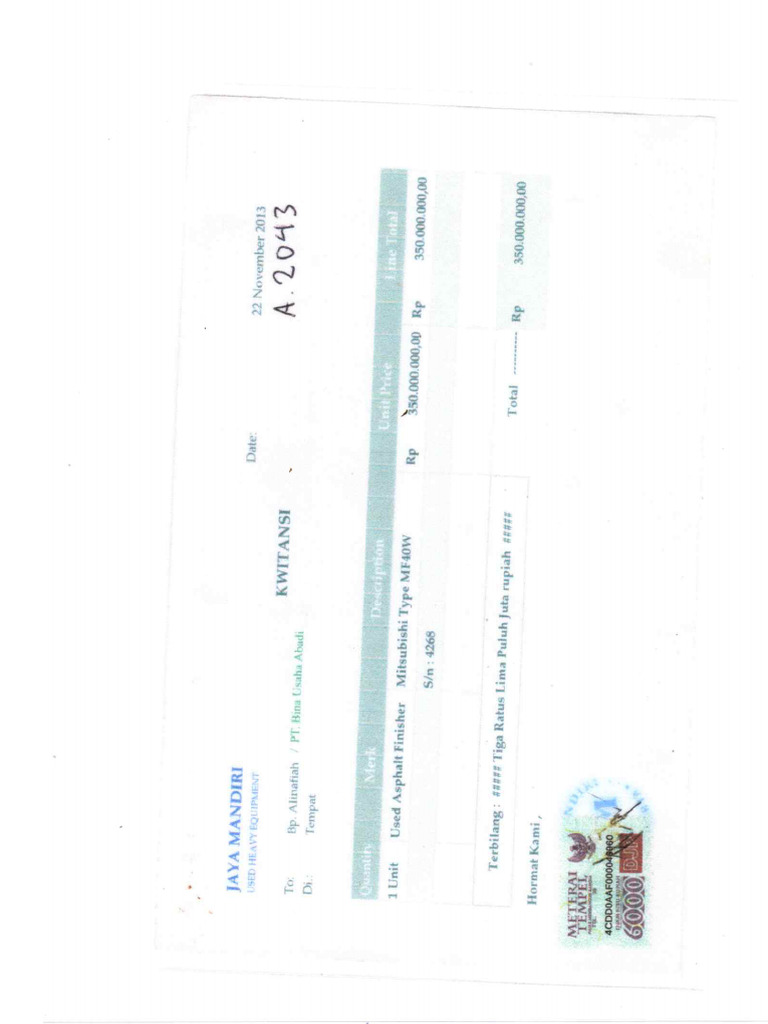 Kwitansi Dan Invoice Finisher Mitsubihsi Bua | PDF