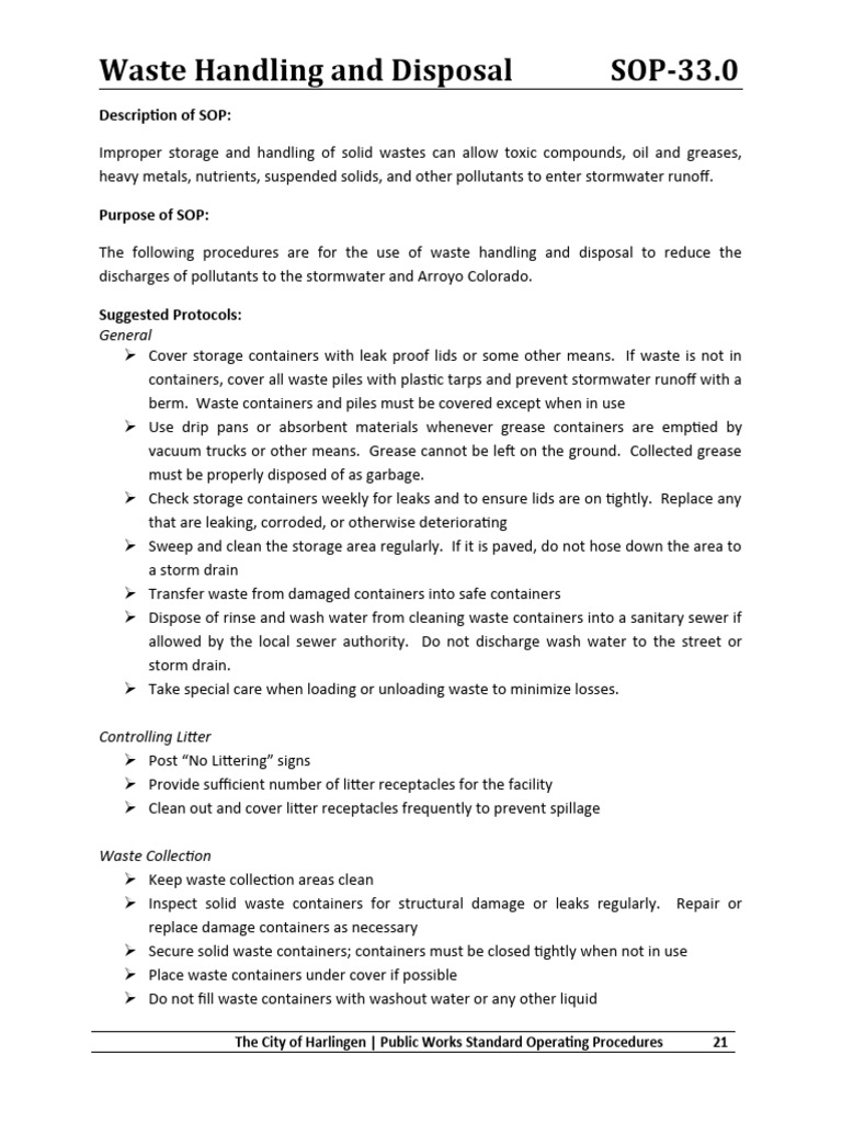 SOP 33.0 Waste Handling Disposal | PDF | Storm Drain | Waste