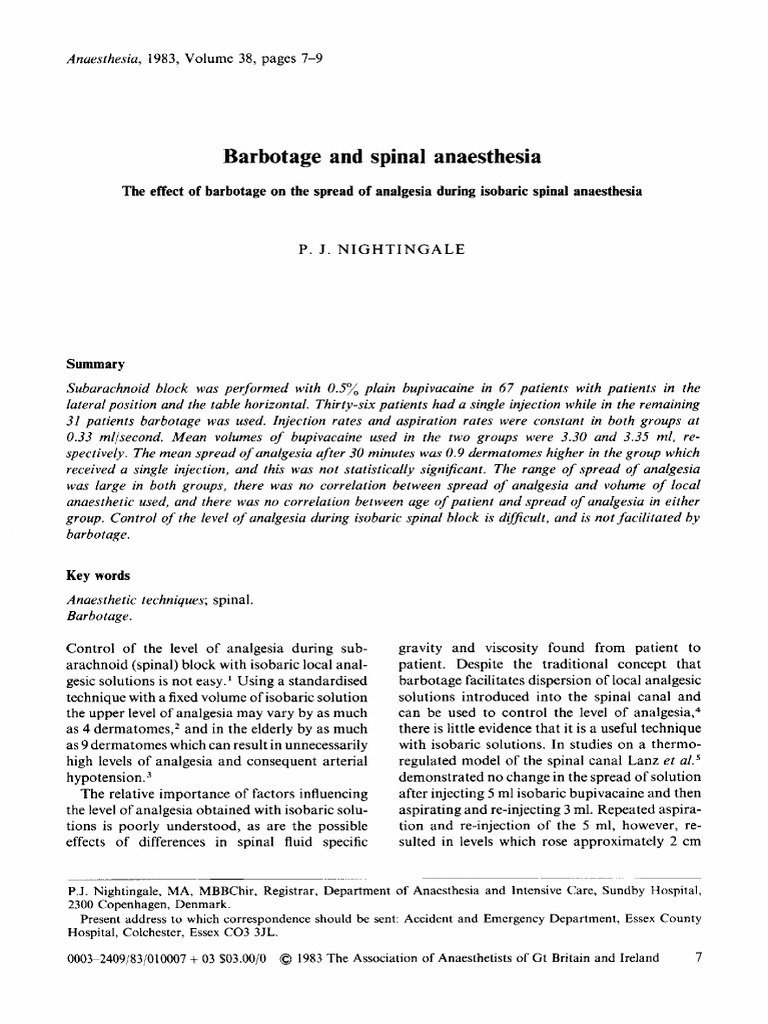 Anaesthesia - January 1983 - NIGHTINGALE - Barbotage and Spinal ...