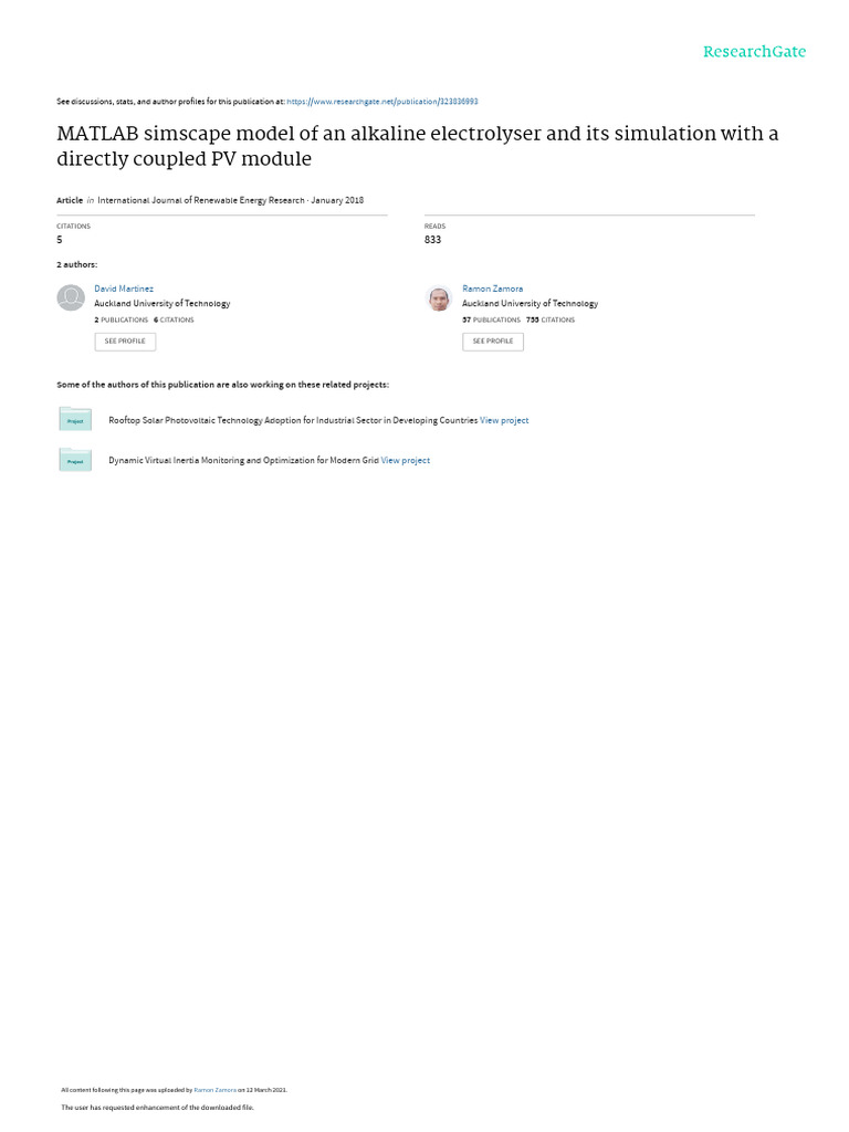 MATLAB Simscape Model of An Alkaline Electrolyser and Its Simulation With A Directly Coupled PV ...