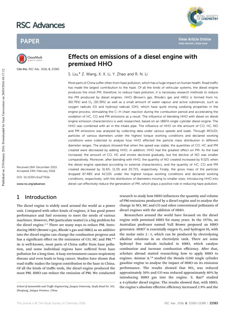 Effects on Emissions of a Diesel Engine With Premixed HHO | PDF | Exhaust Gas | Combustion