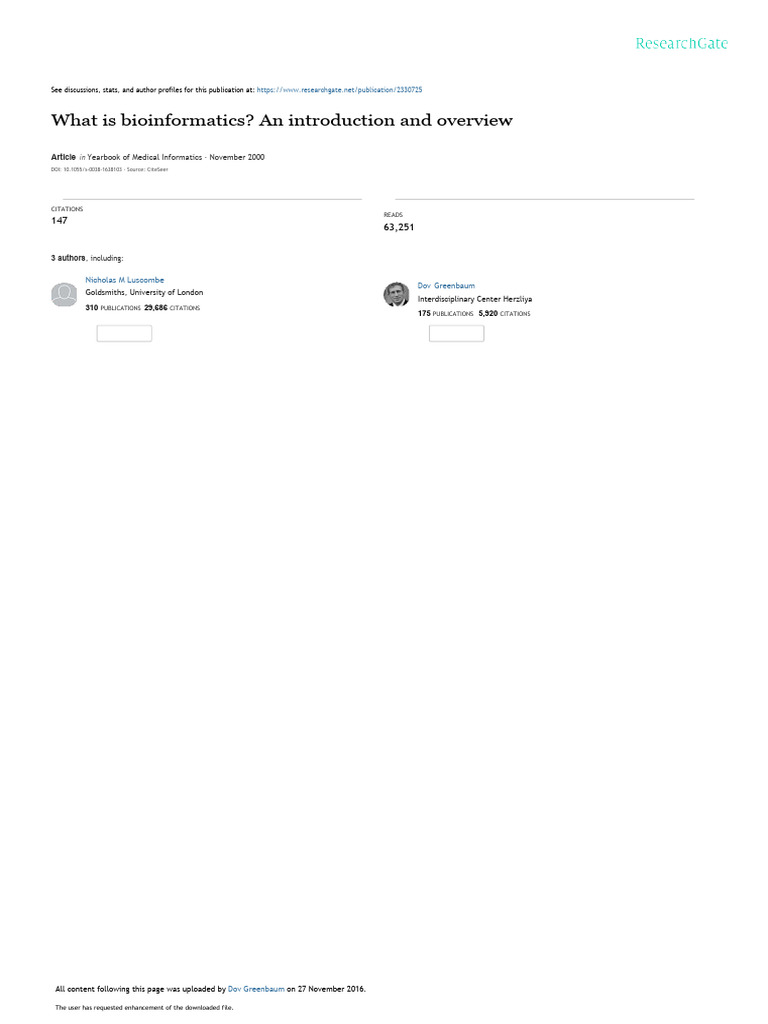 What Is Bioinformatics An Introduction and Overvie | PDF ...