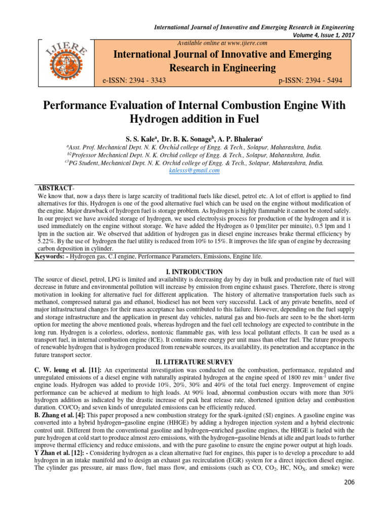 Performance Evaluation of Internal Combustion Engine With Hydrogen Addition in Fuel | PDF ...