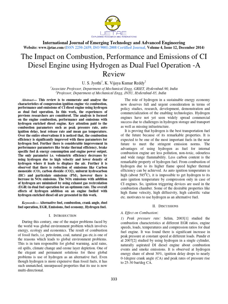 The Impact On Combustion Performance And Emissions Of Ci Diesel Engine Using Hydrogen As Dual