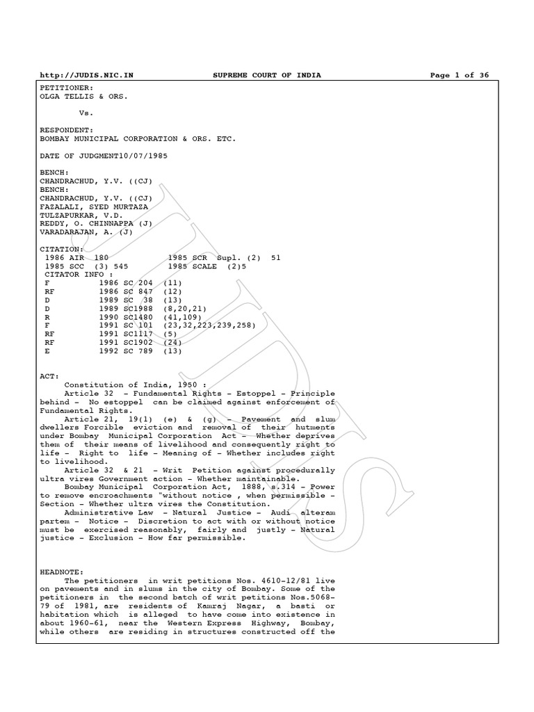 Olga Tellis V Bombay Municipal Corp. | PDF | Slum | Justice
