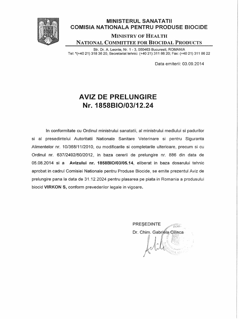 Aviz de Prelungire Virkon S | PDF