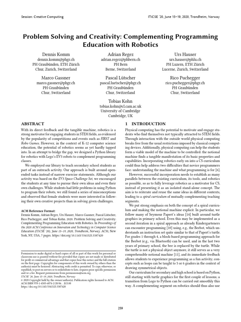 Problem Solving and Creativity: Complementing Programming Education With Robotics | PDF | Robot ...