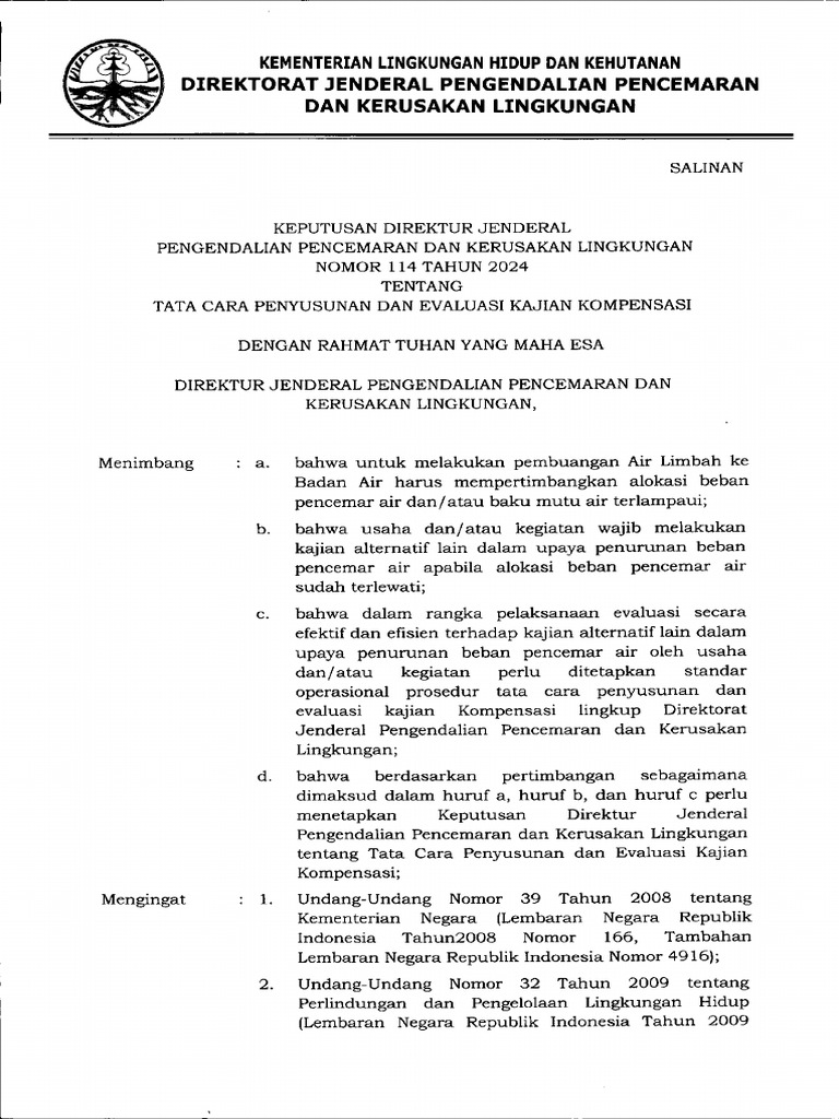 Keputusan Dirjen PPKL No.114 Tahun 2024 - Tata Cara Penyusunan Dan Evaluasi Kajian Kompensasi | PDF