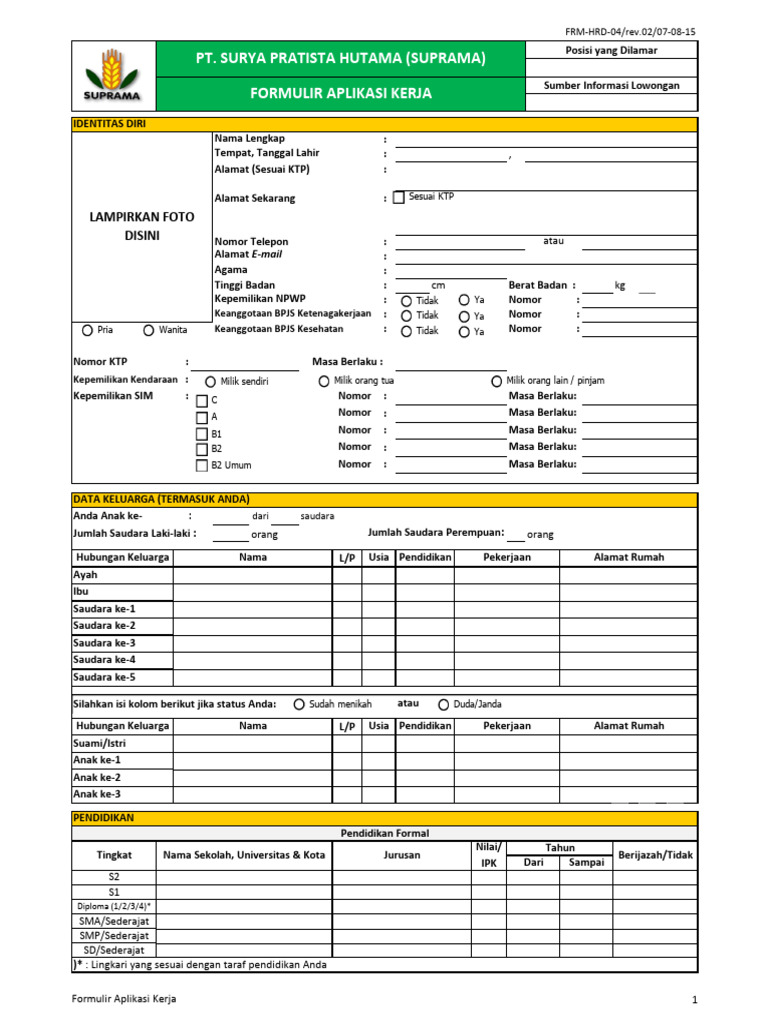 Formulir Aplikasi Kerja SUPRAMA | PDF