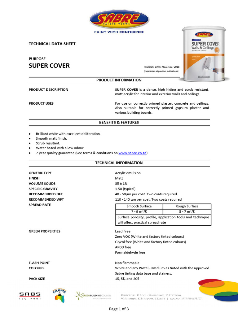 SUPER-COVER-ACRYLIC-Technical-Data-Sheet | PDF | Plaster | Acrylic Paint