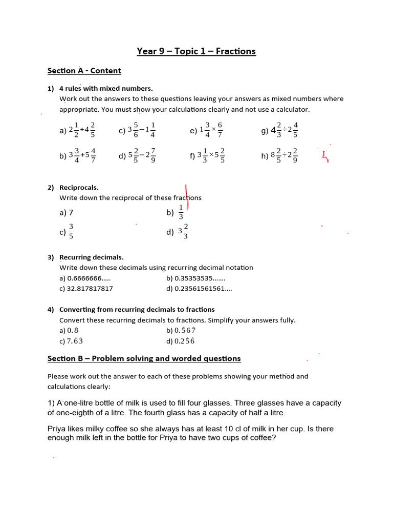 1 - Fractions Study - Year 9 | PDF | Mathematical Notation | Elementary ...