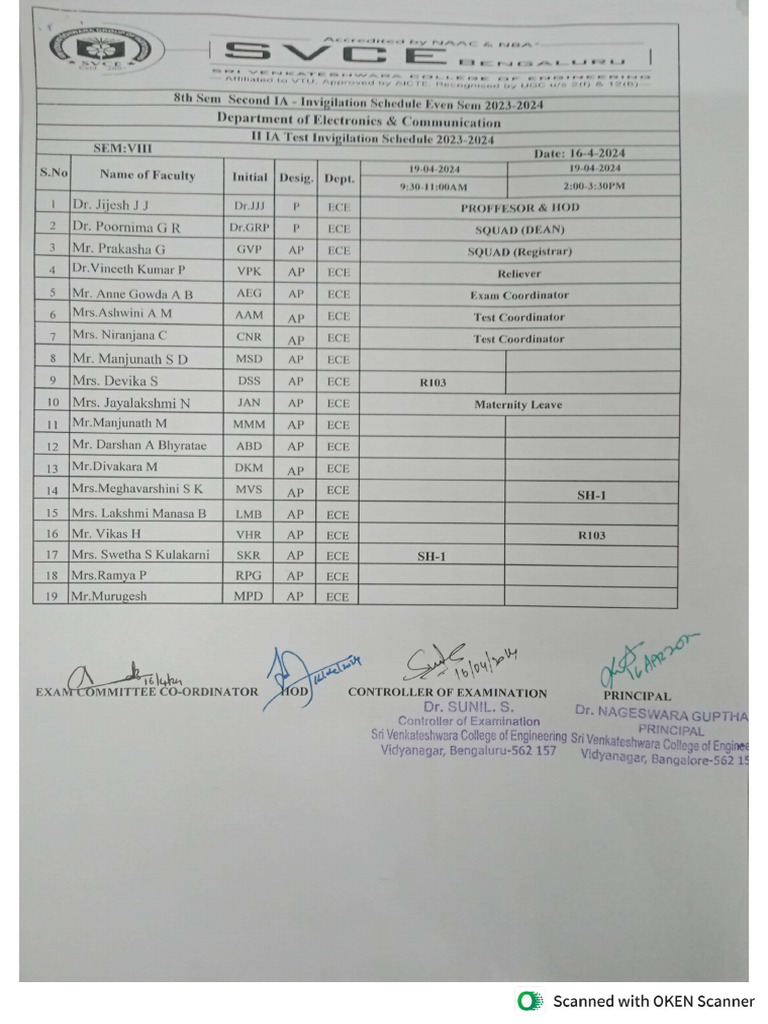 8th Sem 2nd IA Teaching Faculty Invigilation Duties 2023-24 | PDF