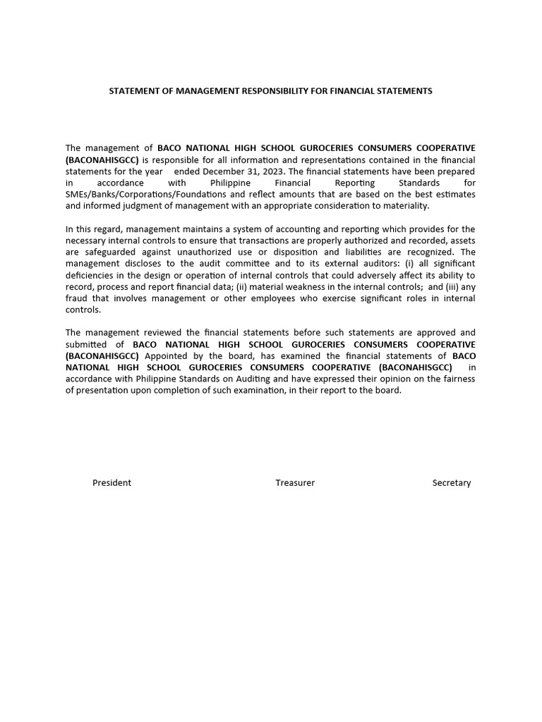 Statement of Management Responsibility For Corp | PDF | Internal ...