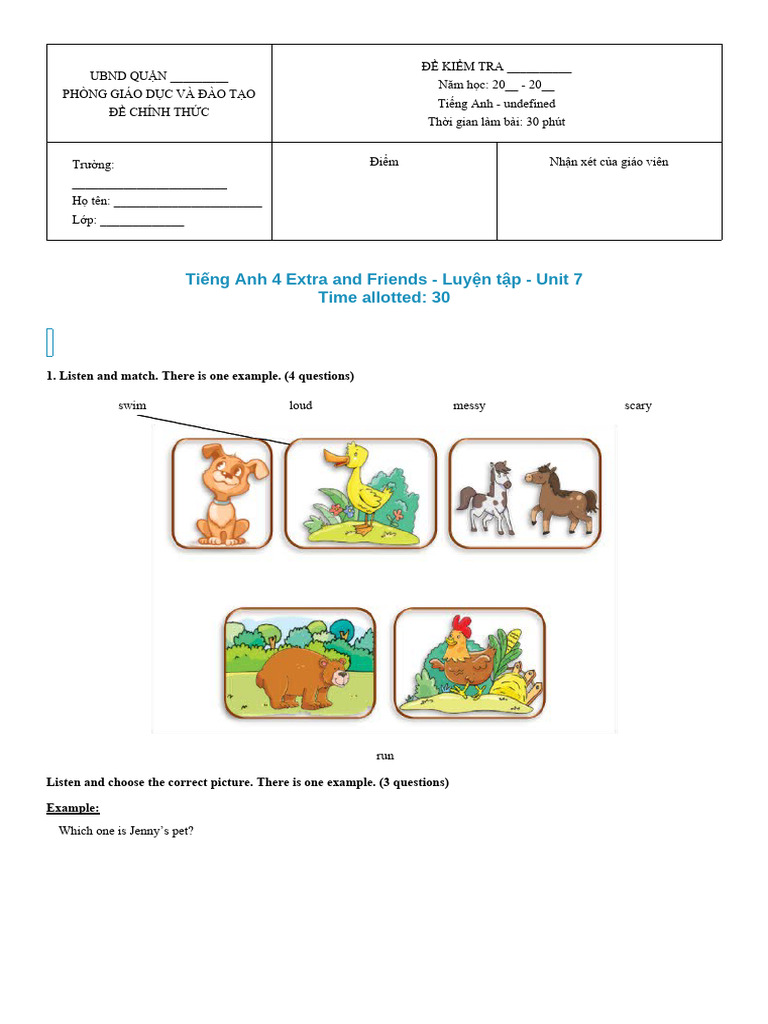 English Test for Grade 4 Unit 7 | PDF | Animals And Humans | Zoology