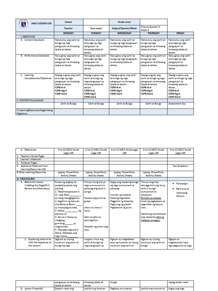 DLL Filipino Q3W3 | PDF