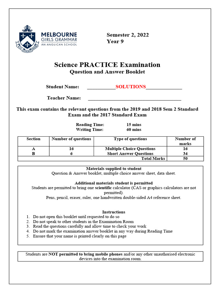Year 9 Science Practice Exam 2022 | PDF | Nervous System | Neuron
