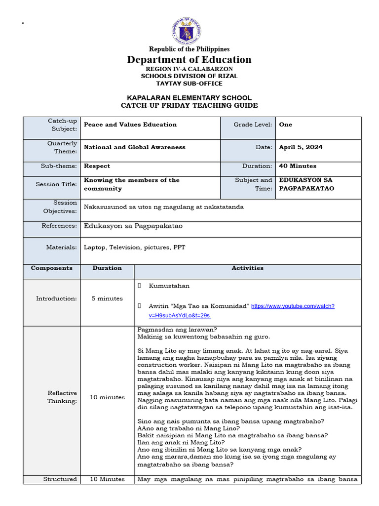 CATCH UP FRIDAY Teaching Guide 4thquarter - Week1 | PDF