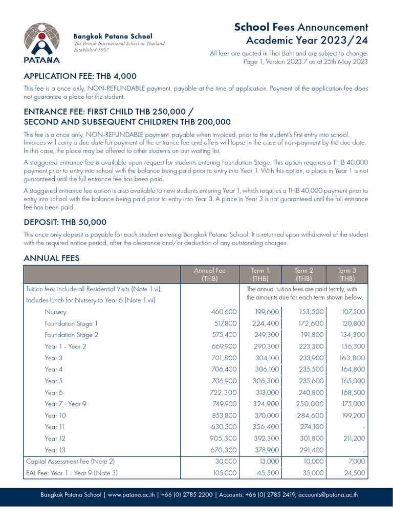 Bangkok Patana School Fees 2023/24 | PDF | Payments | Fee