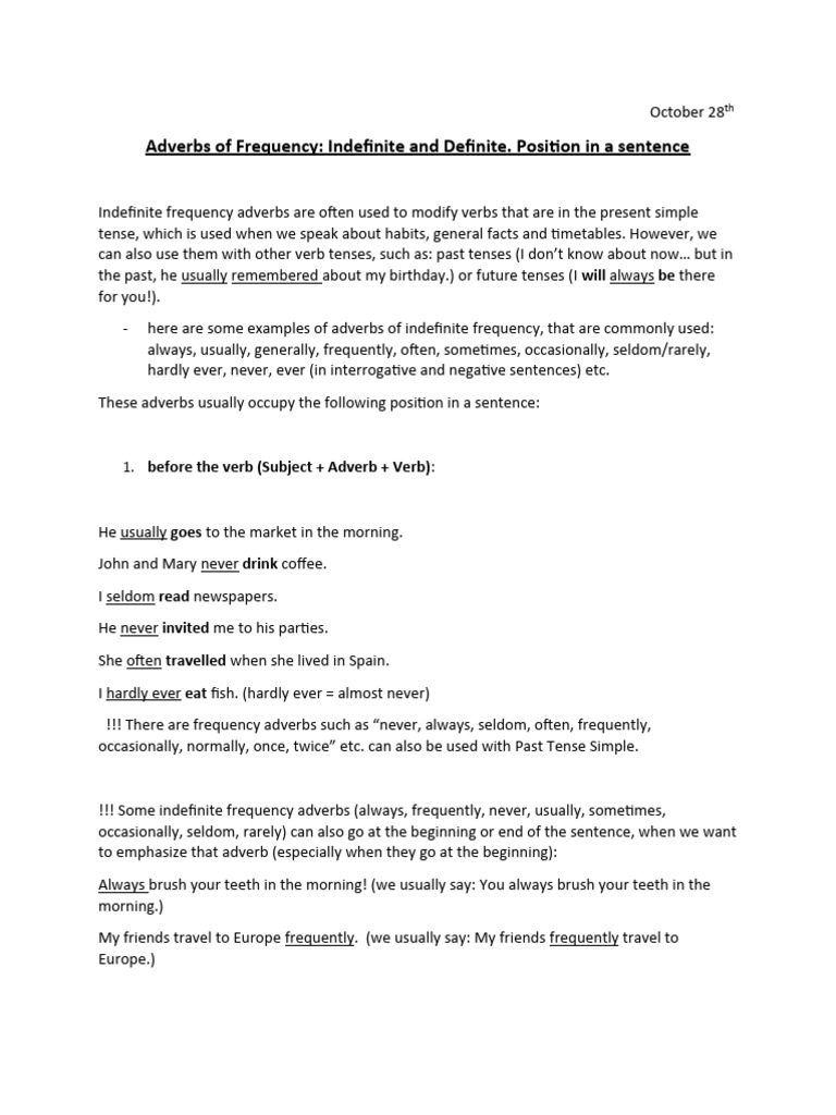 Adverbs of Frequency. Definite and Indefinite | PDF | Adverb | Verb