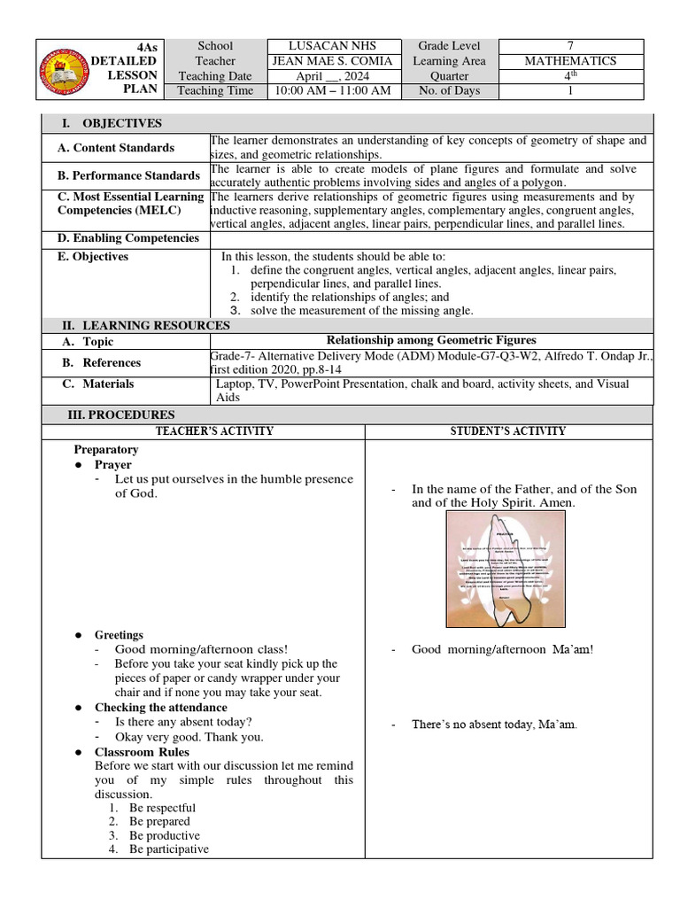 DLP in Mathematics Seven - Pairs of Angle | PDF | Angle | Perpendicular