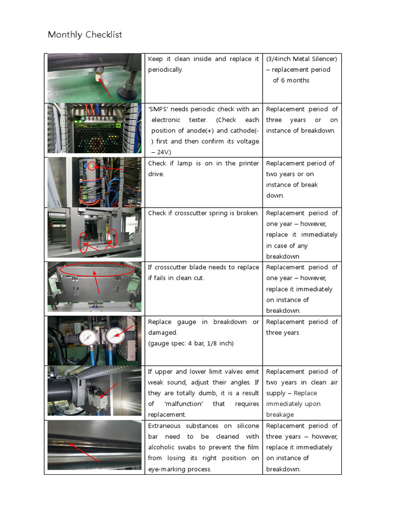 Monthly Checklist | PDF | Pump | Vacuum Tube
