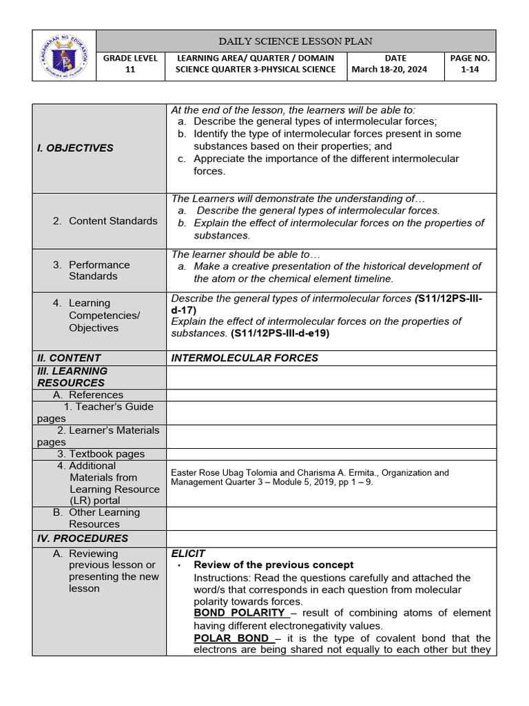 Intermolecular Forces Lesson Plan | PDF | Intermolecular Force ...
