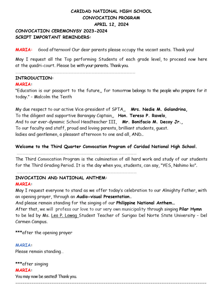 Convocation Script Final Caridad National High School | PDF | Career ...
