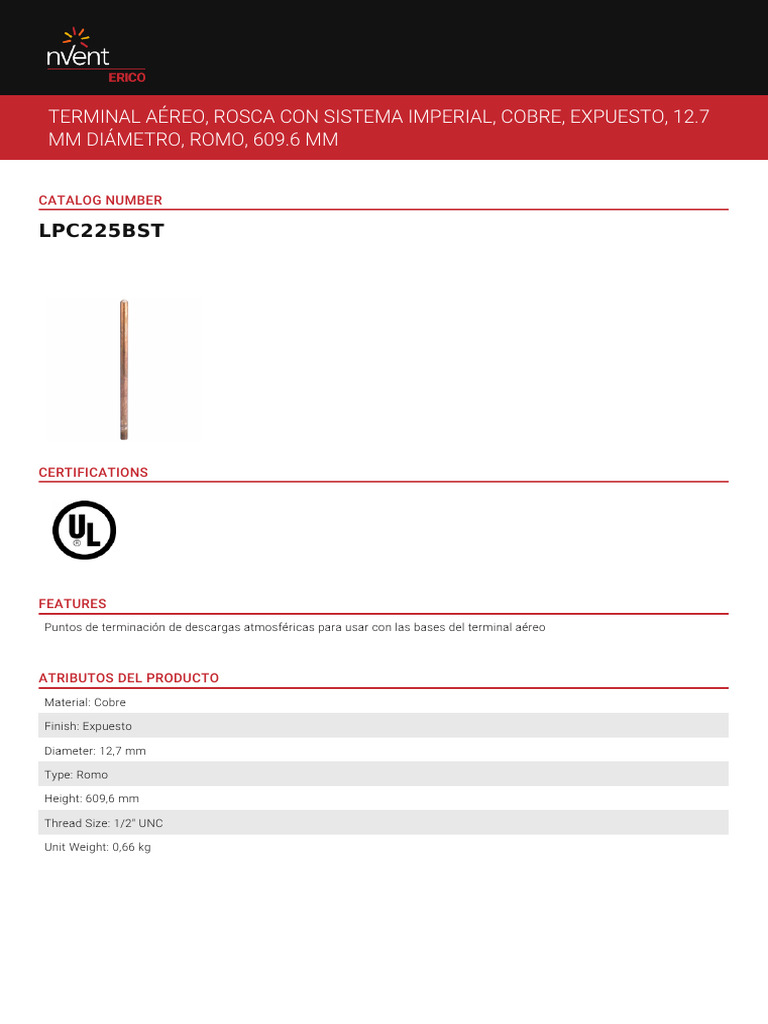 Nvent ERICO Air Terminal Imperial Thread Copper Bare 1 2 Quot Dia Blunt ...